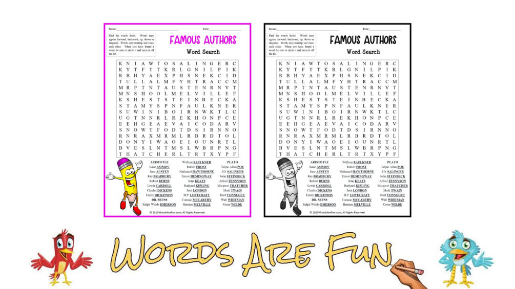 FAMOUS AUTHORS Word Search Puzzle Handout Fun Activity