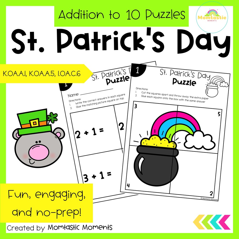 Addition within 10 St. Patrick's Day Themed Puzzle Mats