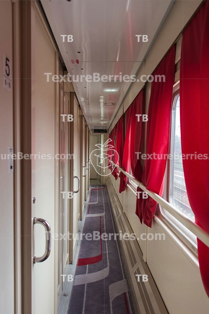 Long corridor and many doors, train interior, business class