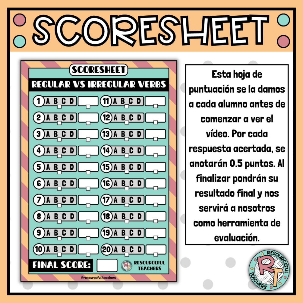 SCORESHEET REGULAR VS IRREGULAR VERBS QUIZ (+ VIDEO)