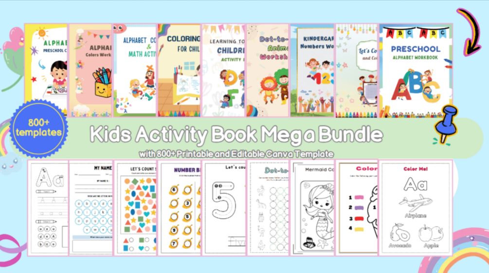 Kids Activity Book with 800+ Printable and Editable Canva Template