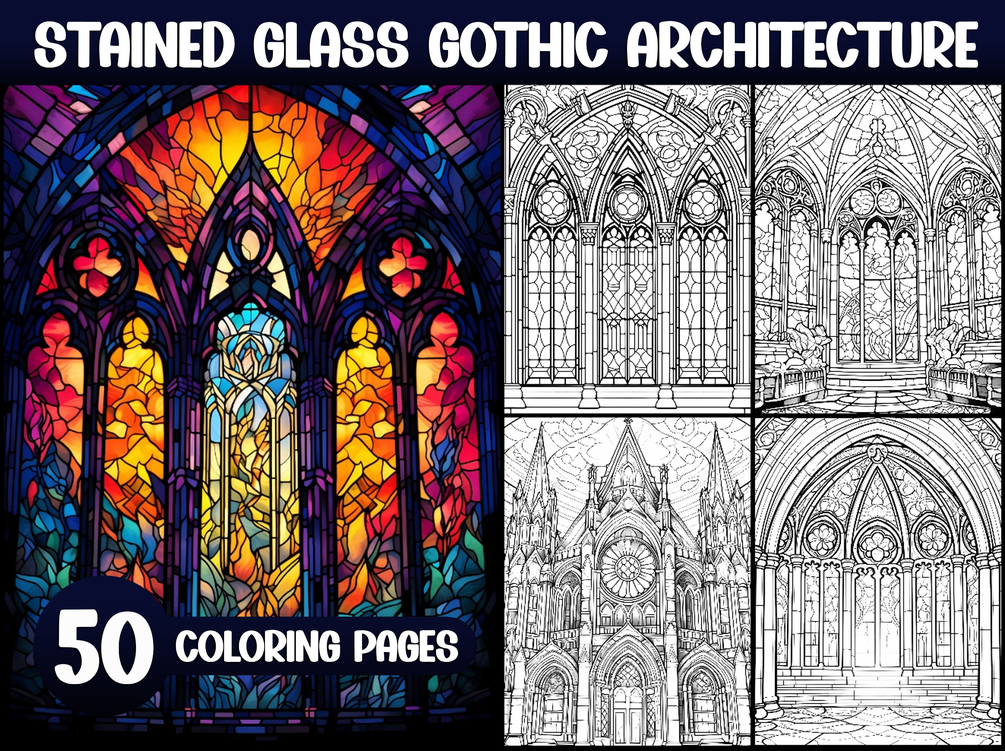 Stained Glass Gothic Architecture Coloring Pages Printable for Adults ...