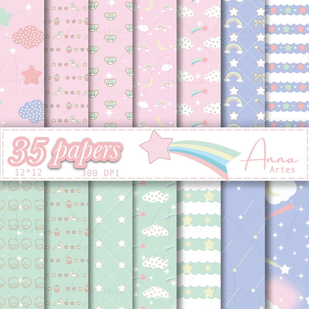 Kawaii Stars Digital Paper, Seamless Pattern