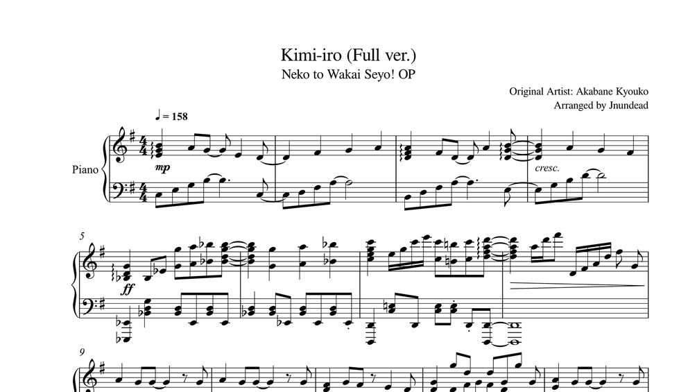 [Neko to Wakai Seyo! OP] Kimi-iro (Full ver.) Piano Arrangement