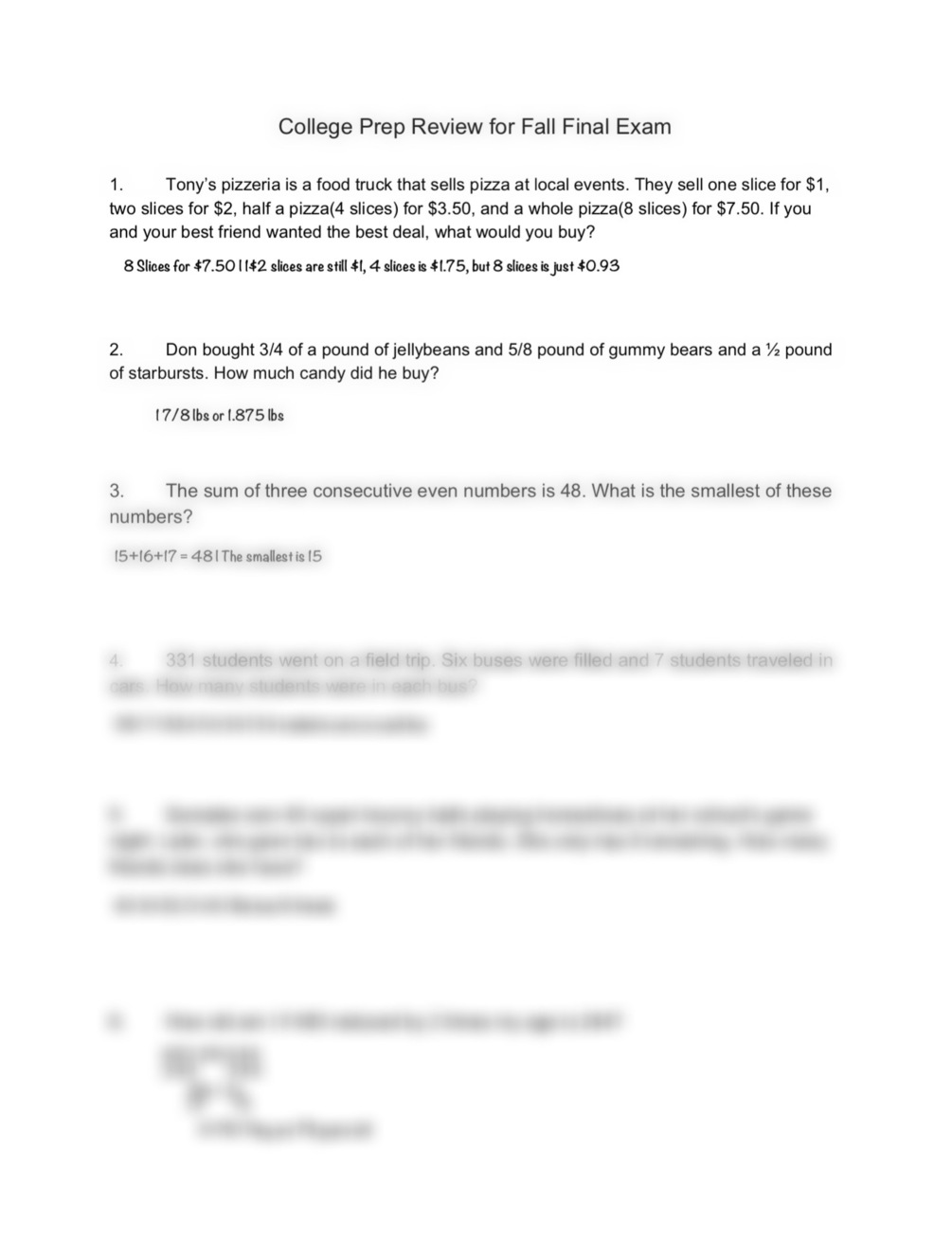 College Preperation Math Final Exam Review (Semeter - 1)