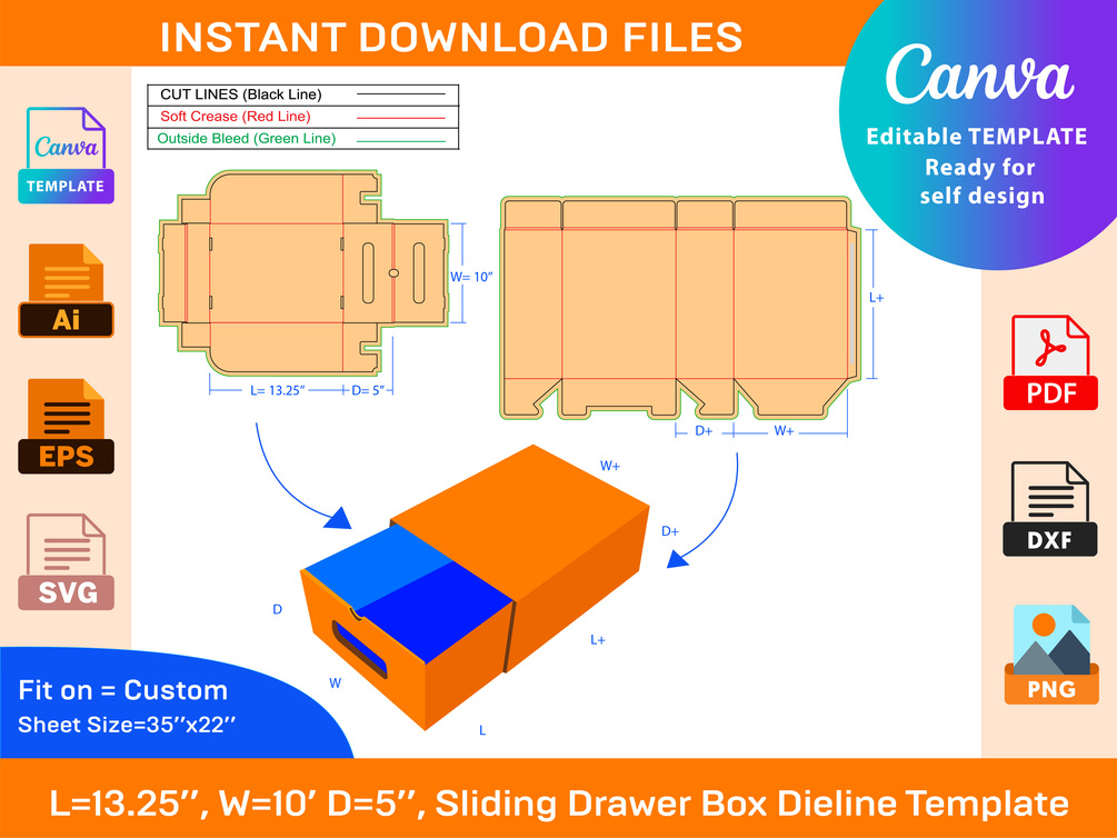 Sliding Shoe Box of Large Size Dieline Template