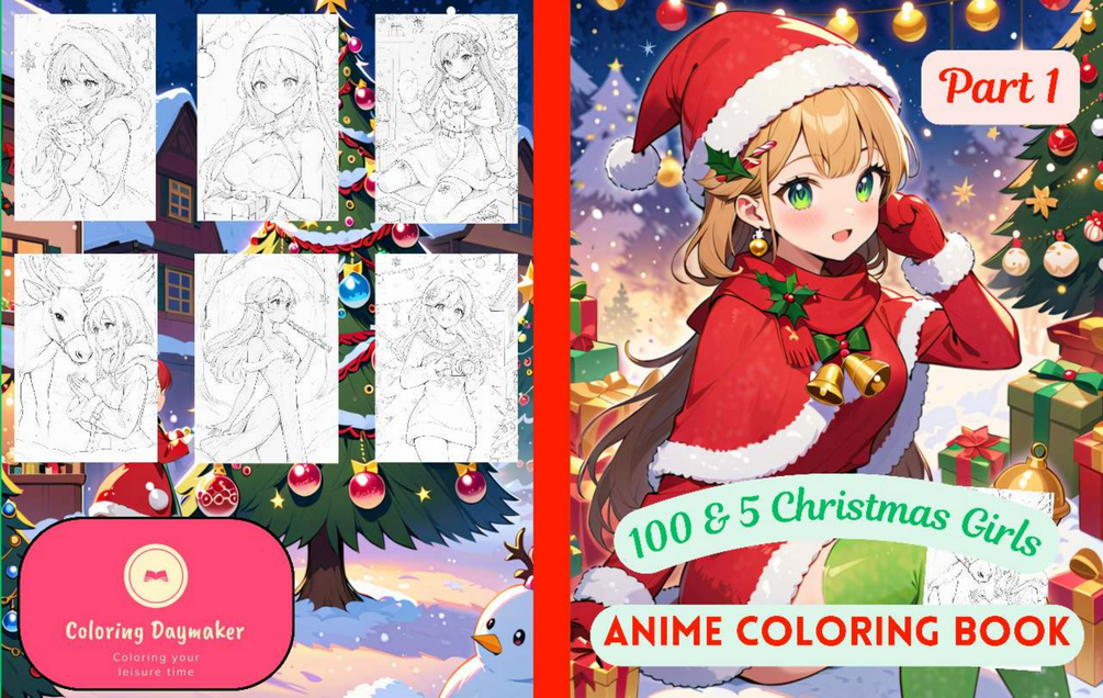 100 & 5 Christmas Anime Girls | Christmas Stress Relief Coloring Book ...