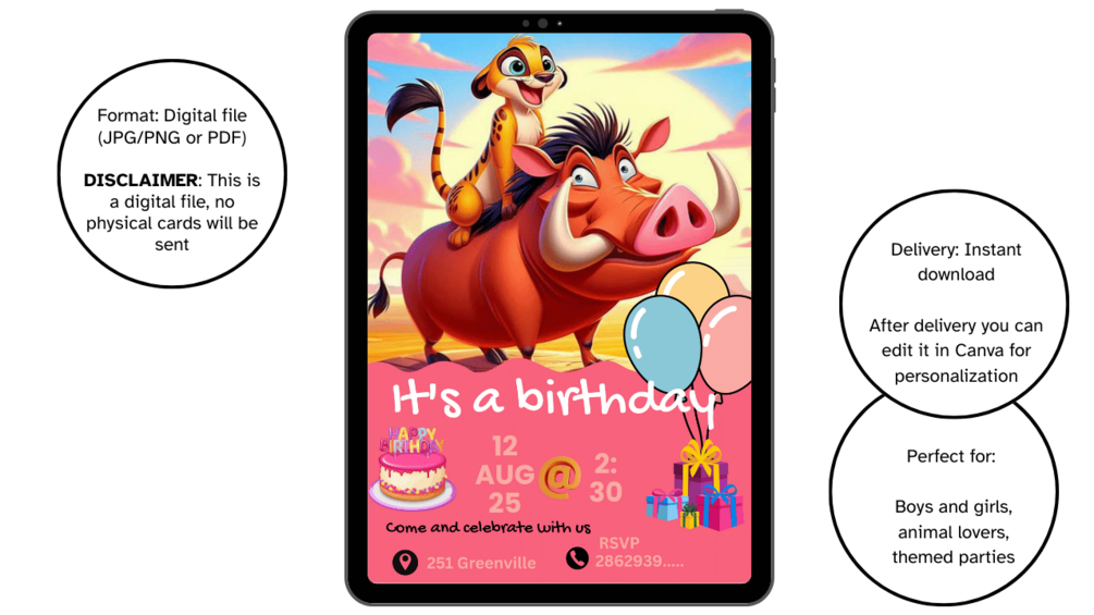 Lion King (Timon & Pumba) Birthday Invitation card – Editable Digital