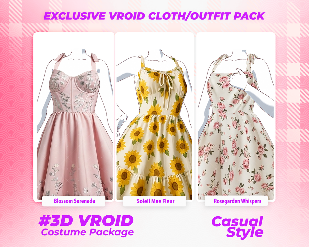3D VRoid Clothing Pack | Romantic Floral & Sunflower Halter Dress Set ...