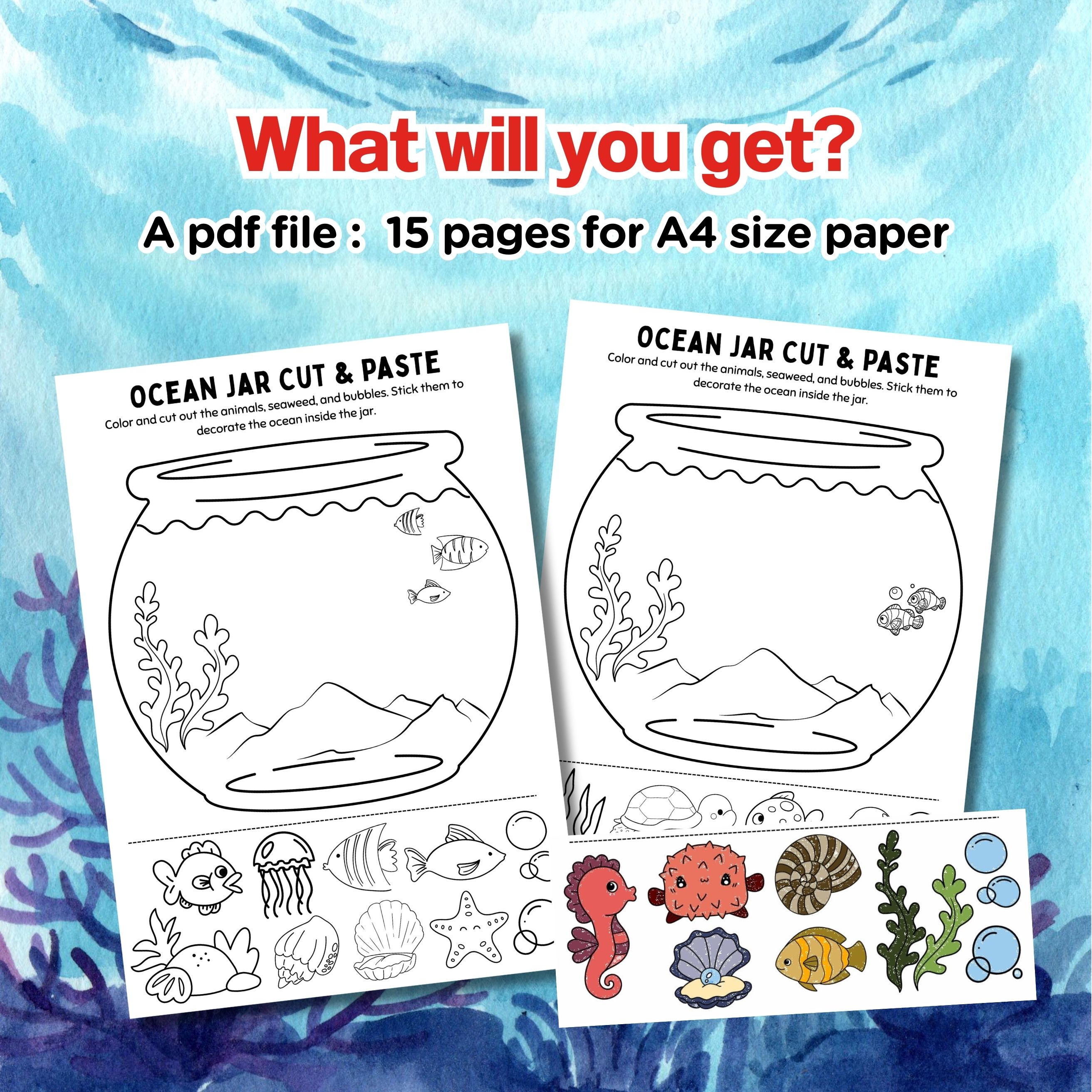 Ocean Animal Jar Craft, Cut and Paste Coloring Activity for Kids, Build ...