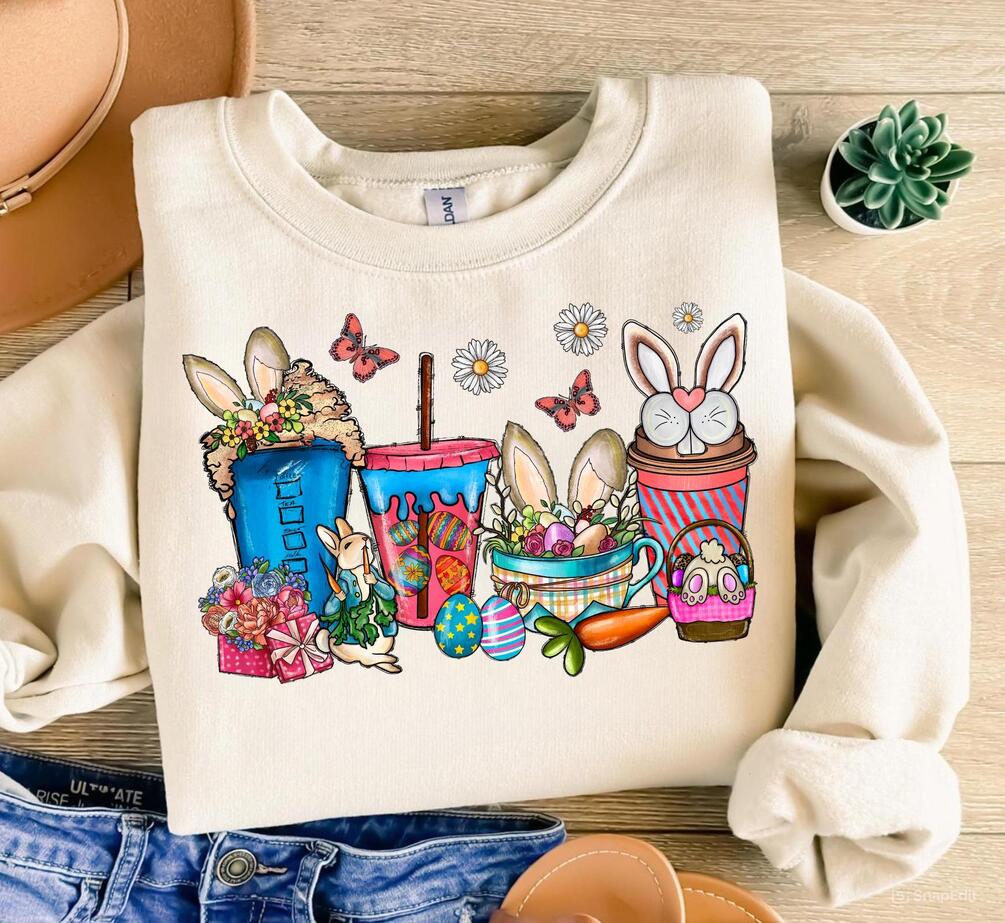 Happy Easter Coffee Cups with Bunny PNG – Cute Spring Digital Download