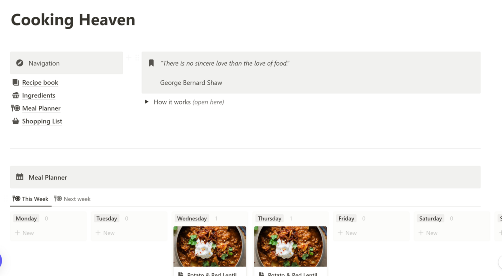 Minimalistic Meal Planner with dynamic Grocery List - Start your second brain
