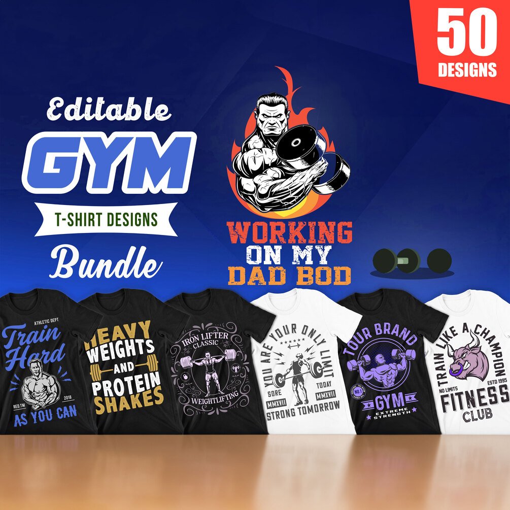 50 Editable Gym T-Shirt Designs Bundle