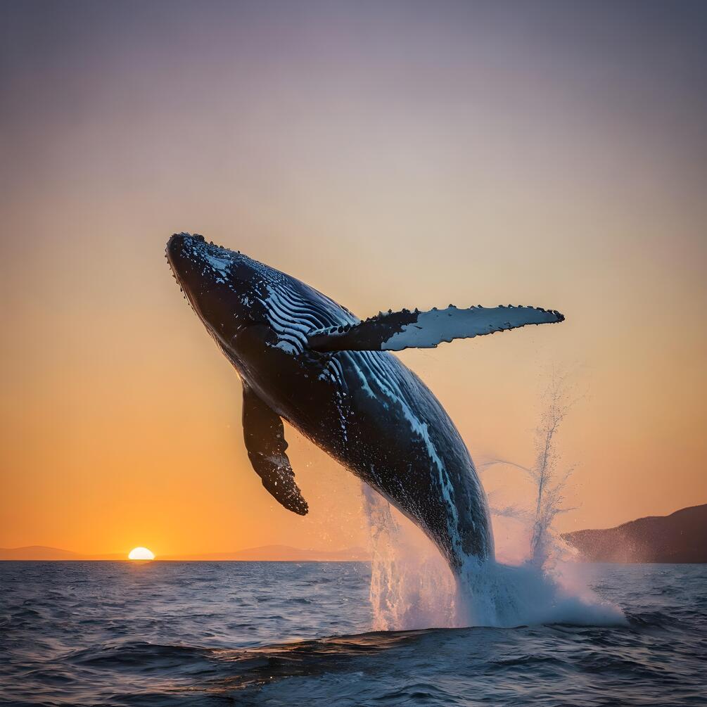 Humpback Whale Leaping Above the Ocean at Sunset1