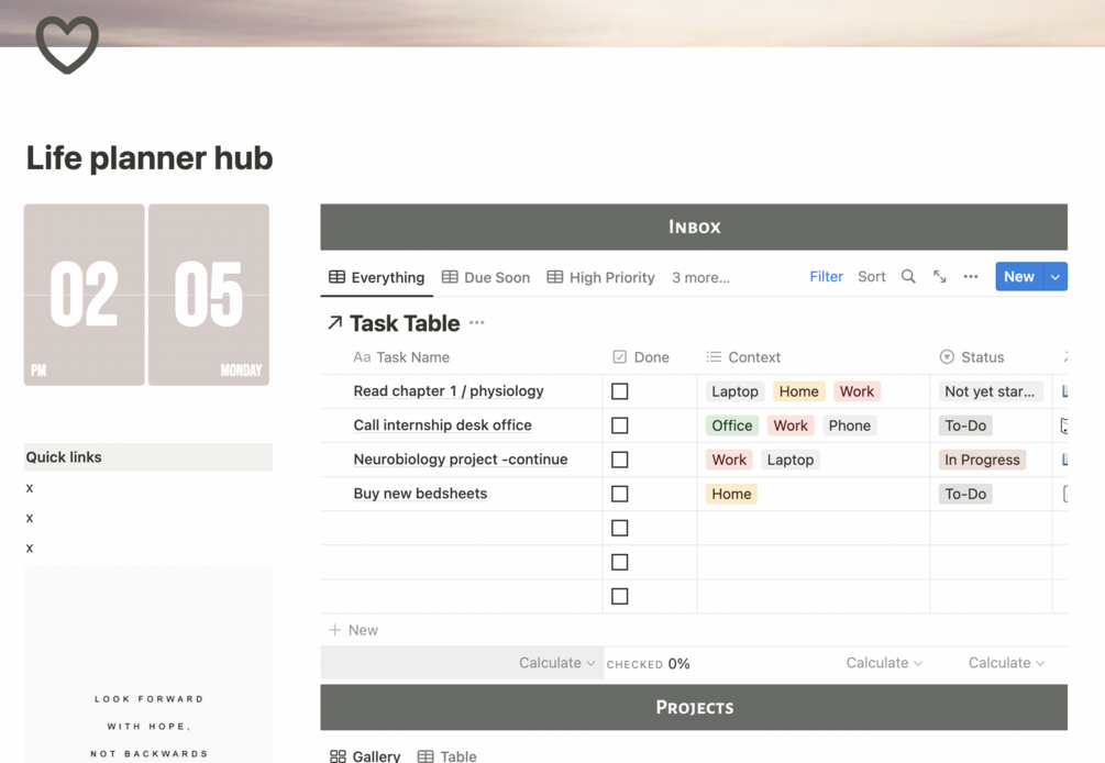 Life planner dashboard: get things done