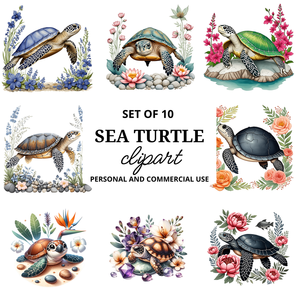 Cute Sea Turtle Watercolor Clipart Set - 10 High Resolution PNGs