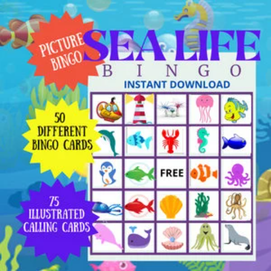 50 Bingo Cards with Sea Animals Pictures instead of Numbers - Printable ...