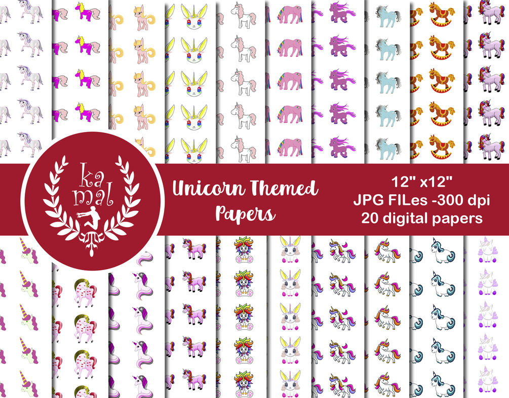 20 Unicorn Themed Digital Scrapbooking Background Papers (with Black ...