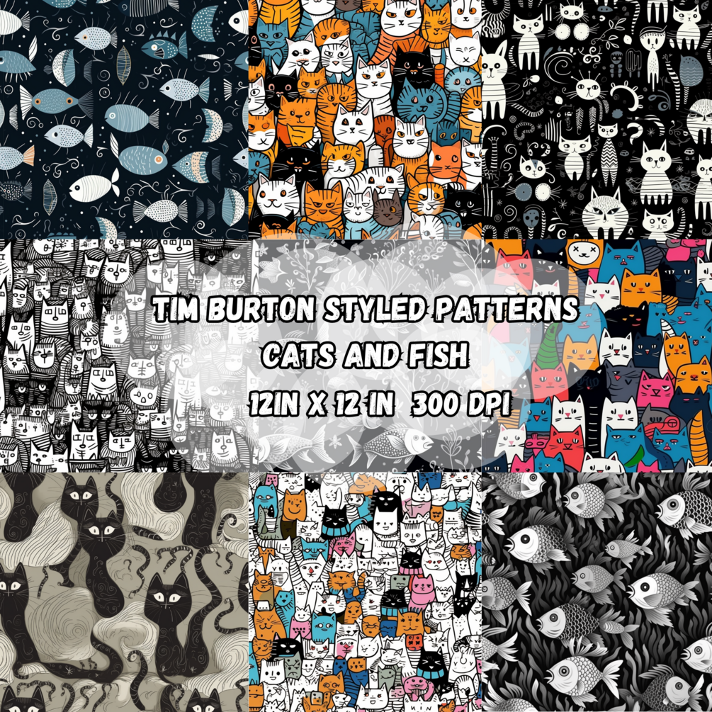 Tim Burton Inspired Cat and Fish Patterns