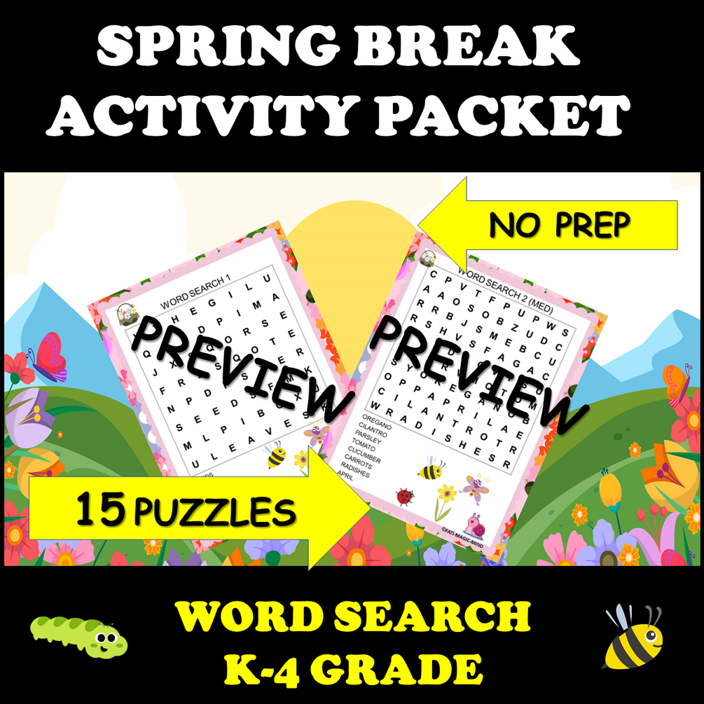 Before & After Spring Break Activity Packet 15 Word Search Puzzles for ...