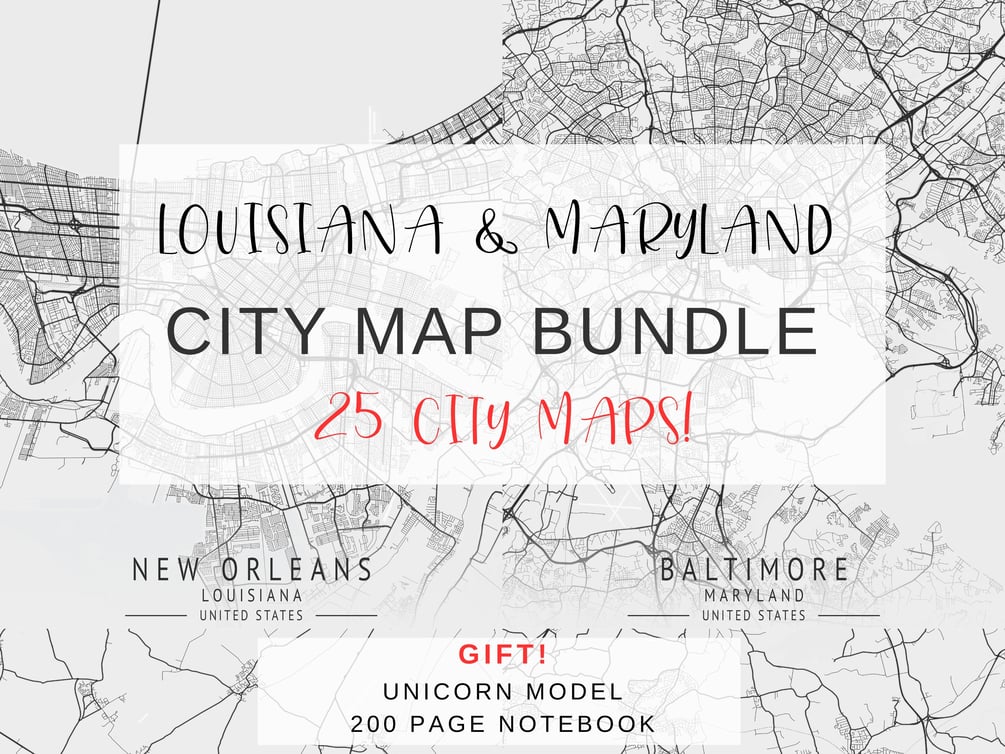 Louisiana & Maryland City Map Bundle | 25 Printable Wall Art Maps for ...