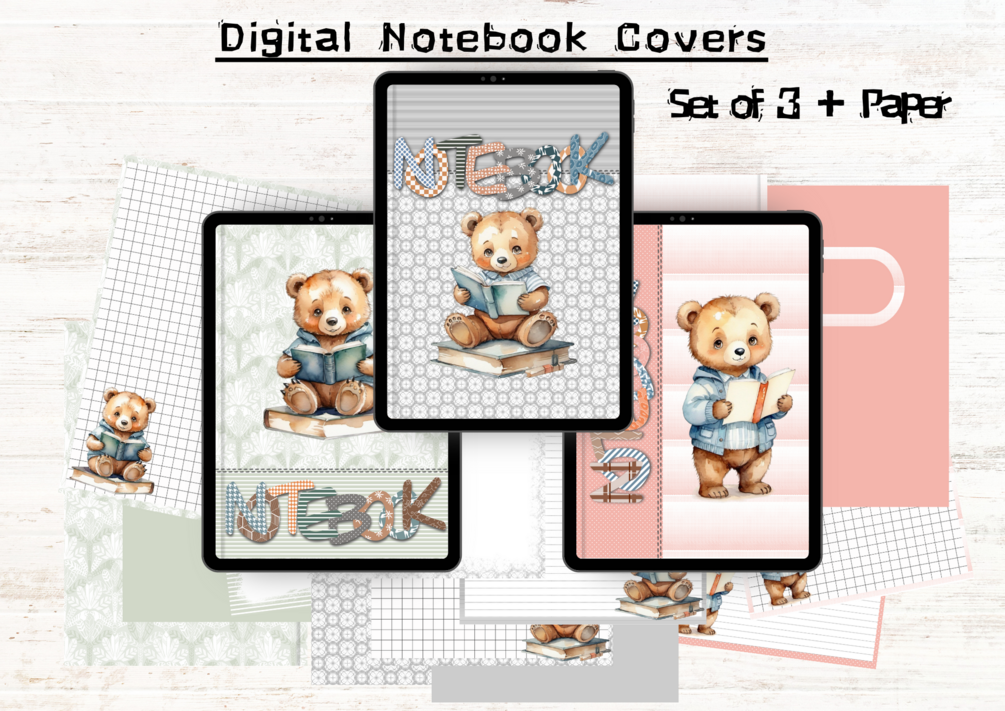 Free Cute Bear Digital Notebook Covers & Paper Set