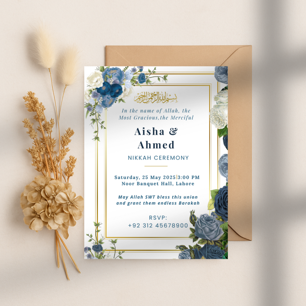 Elegant Nikkah Invitation Template – Canva Editable | Blue Floral