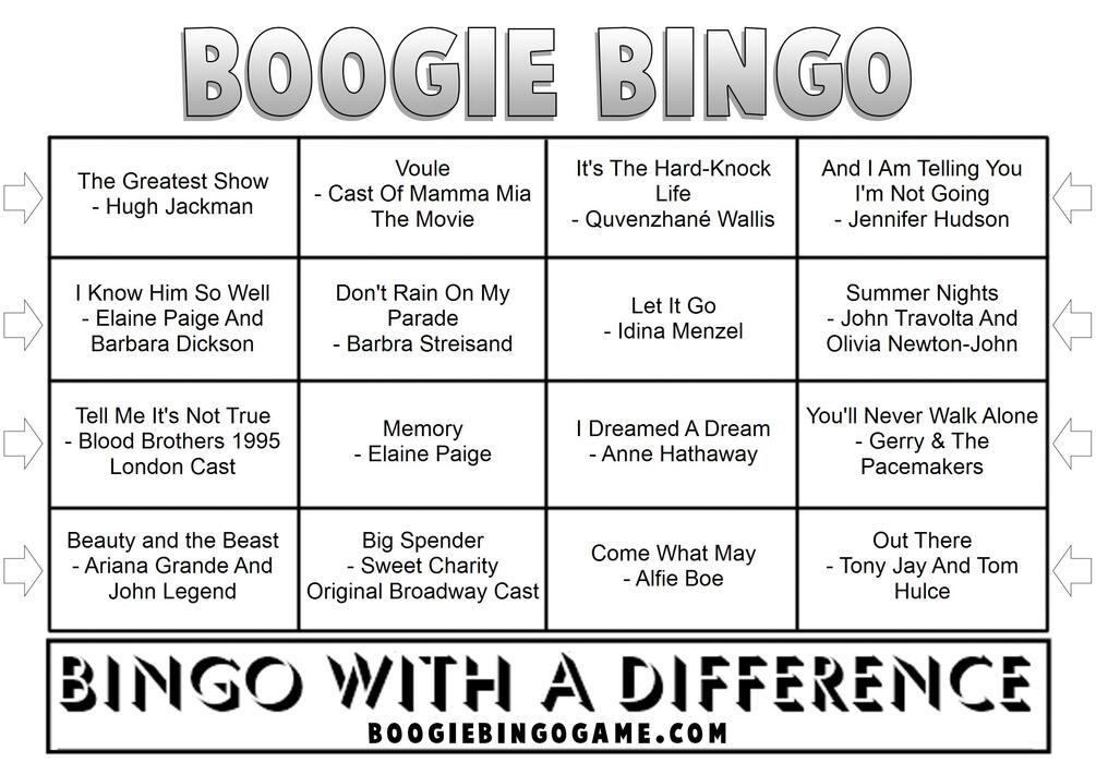 Boogie Bingo - Game 61 (The Musicals) - (50 - 200 Tickets)
