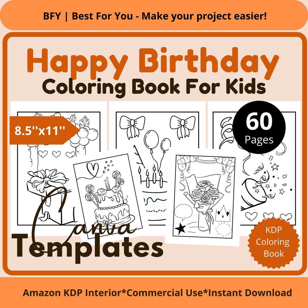 Happy Birthday Coloring Pages For Kids | Amazon KDP Interior 8.5''x11 ...