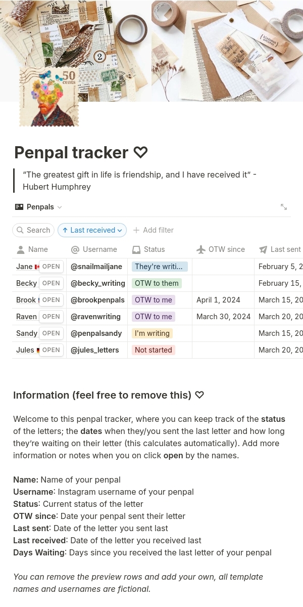 Notion - Penpal Tracker