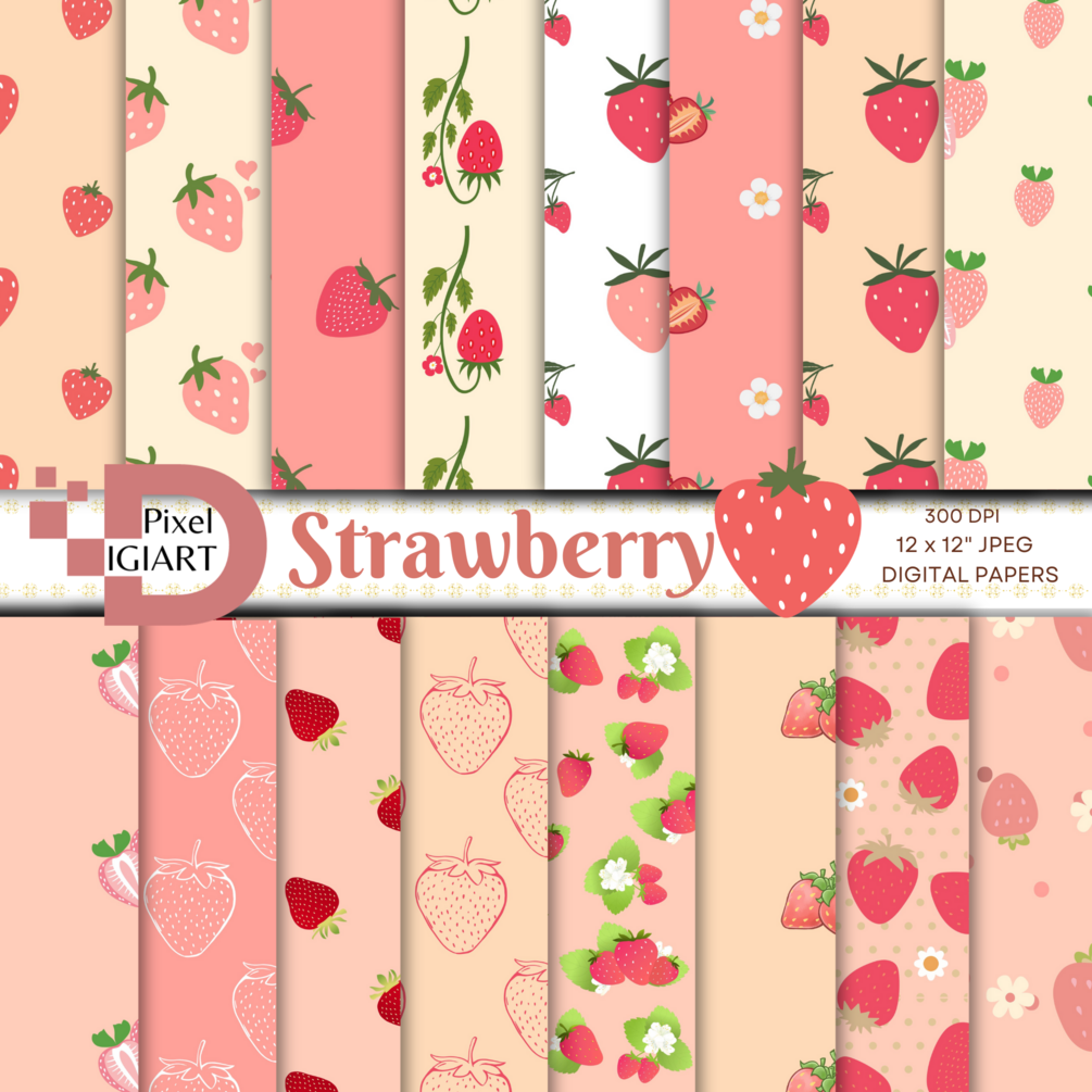 Strawberry Digital Paper Set, Seamless Pattern