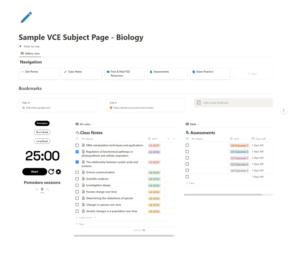 Subject/Course Dashboard Notion Template