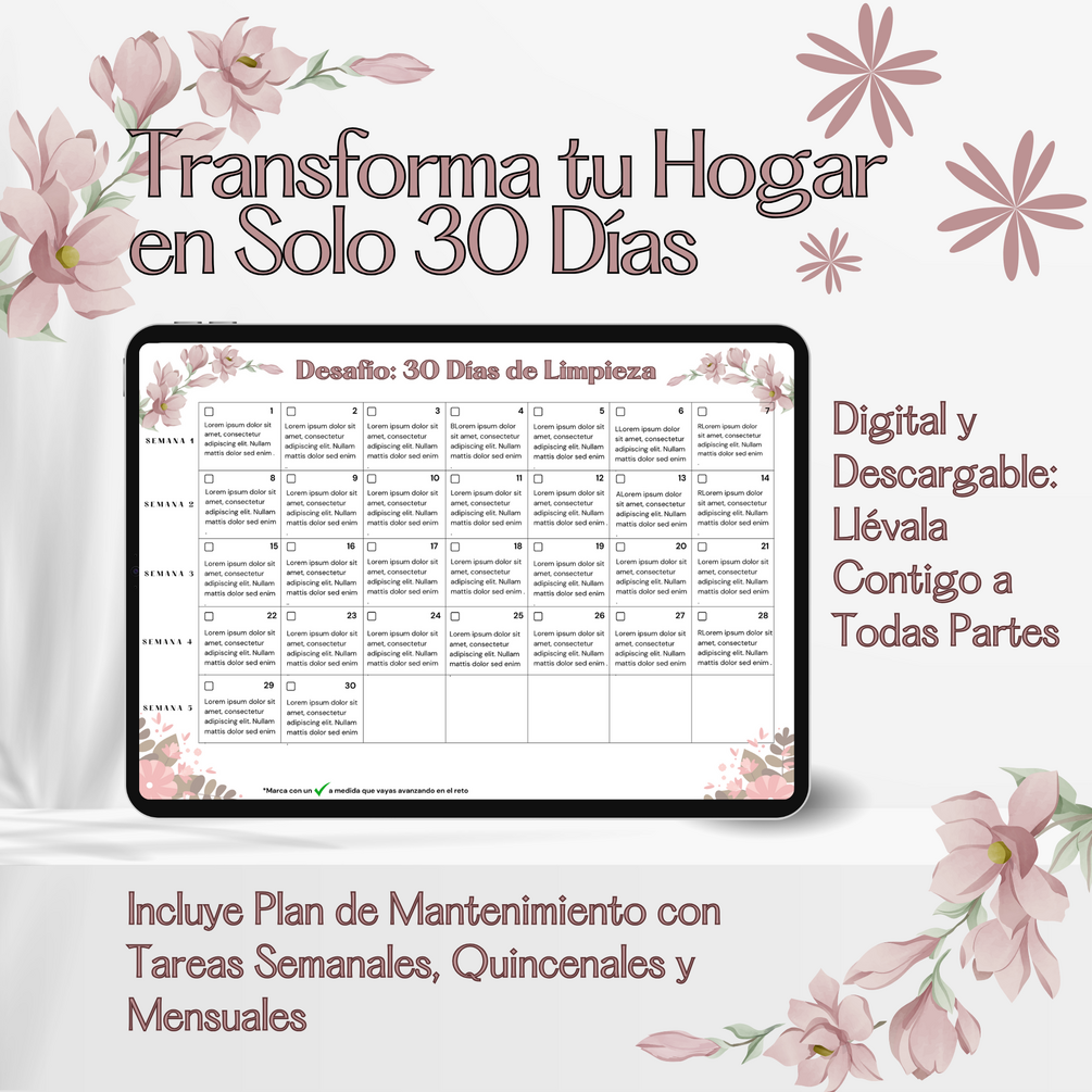 Guía de Limpieza y Organización del Hogar | Calendario de 30 Días + Plan Mensual (PDF Imprimible)