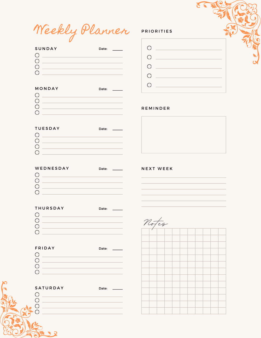 Delicate Peach Weekly Planner