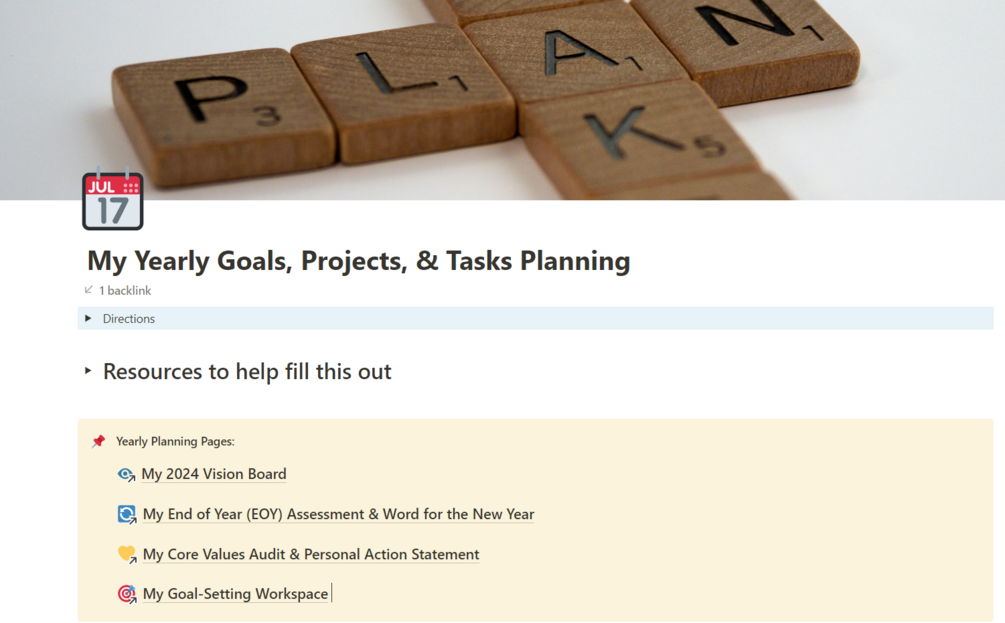 Yearly Planning Pages with Goal Setting Workspace