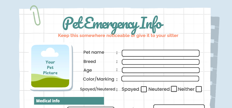 Pet Emergency Info Sheet (Printable for Sitters, Pet Parents, Vets, and ...
