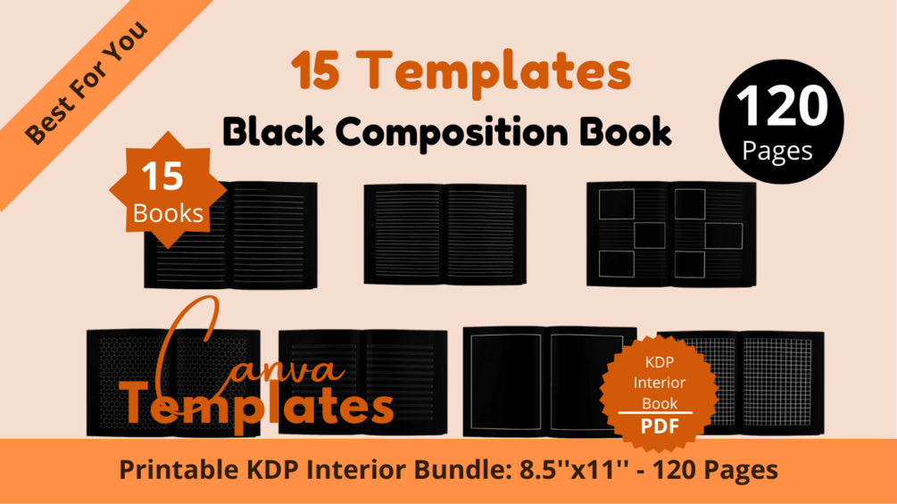 Printable KDP Interior Bundle| 15 Black Composition Book* Black Paper 8 ...