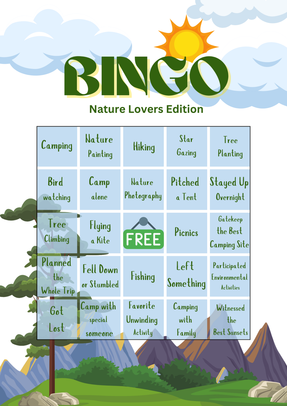 Bingo Cards: Outdoor Activities and Nature