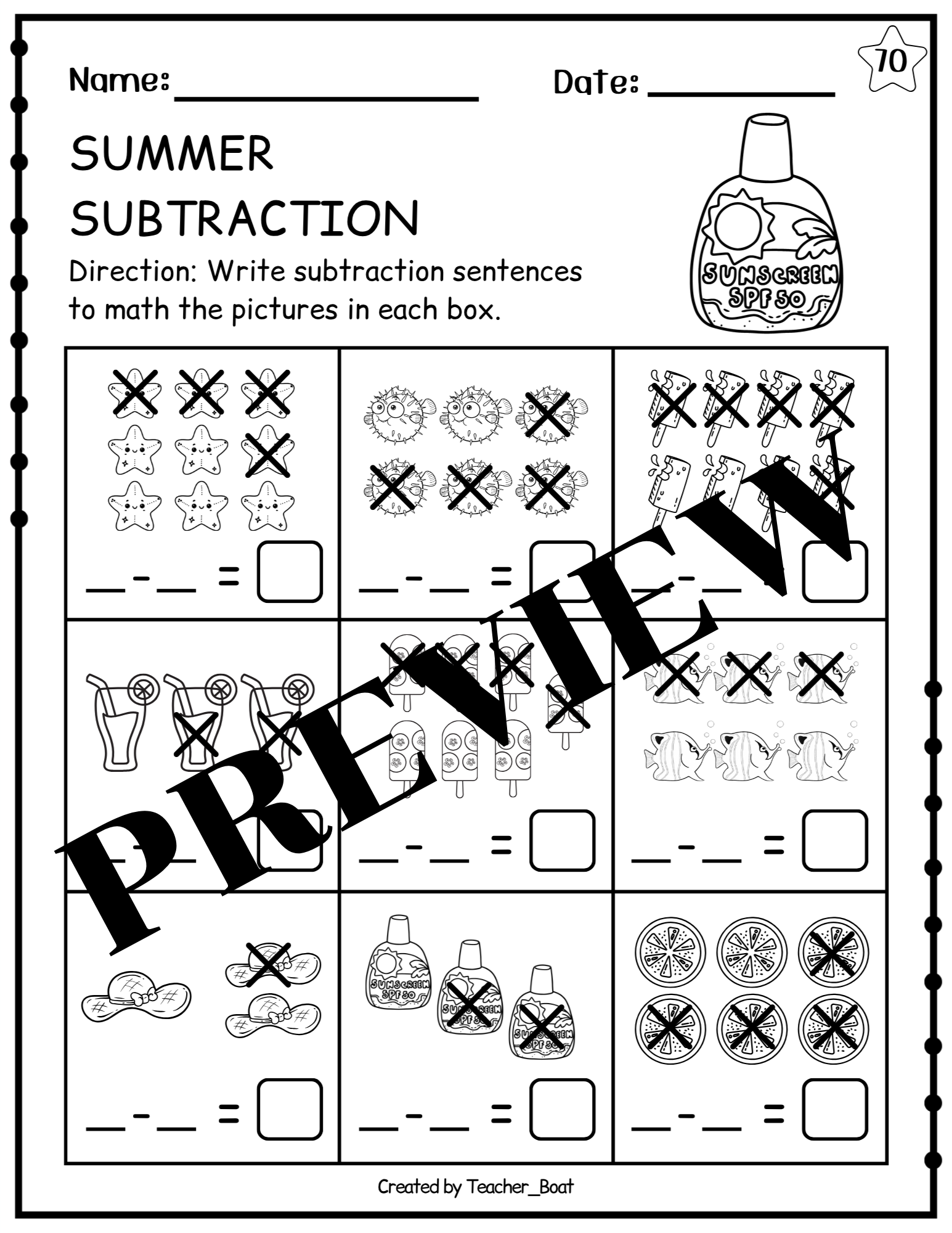 Summer Picture Subtraction Worksheets | Subtraction 1-10 | Kindergarten ...