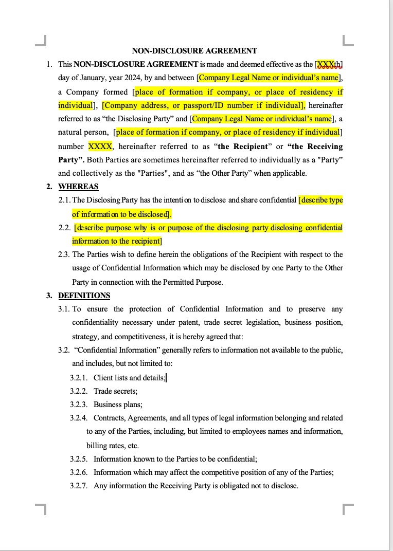 Non Disclosure Agreement Template - NDA - One Disclosing Party