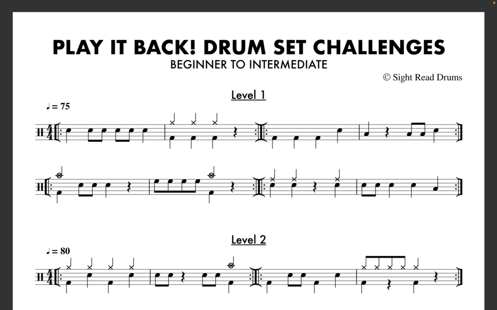 Play It Back! Drum Set Challenges from Beginner to Intermediate (6 Levels)