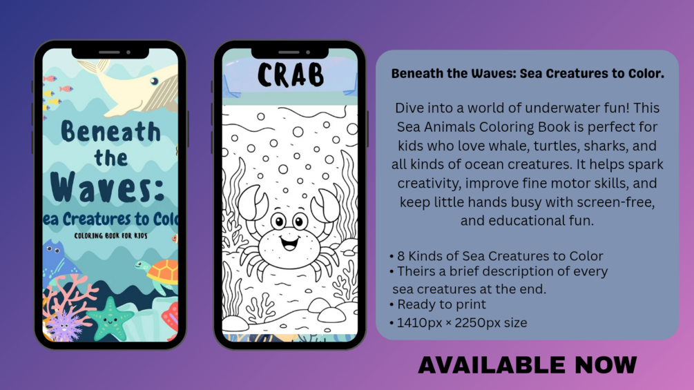 Beneath the Waves: Sea Creatures to Color. Coloring Book for Kids