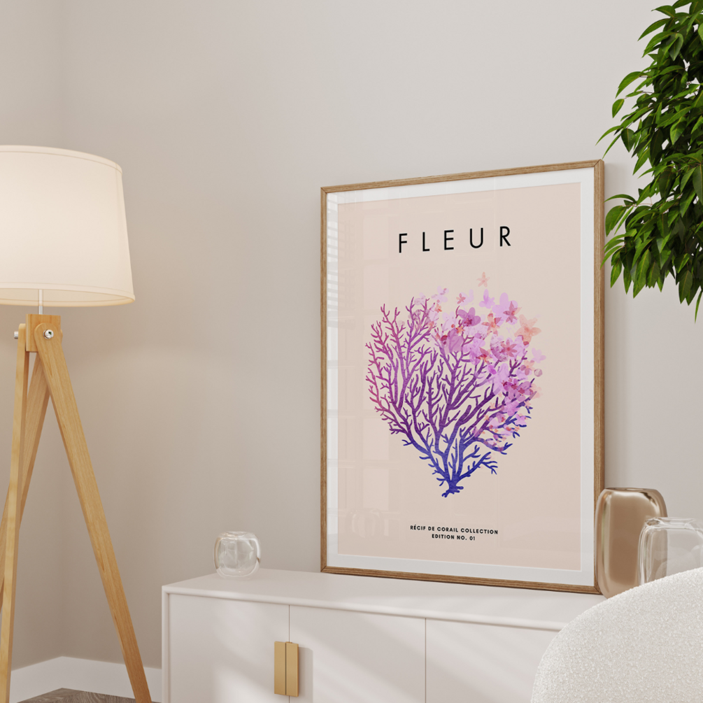Fleur | 01 Pink Flowers In A Purple Coral Reef Print, Coral Reef Print ...
