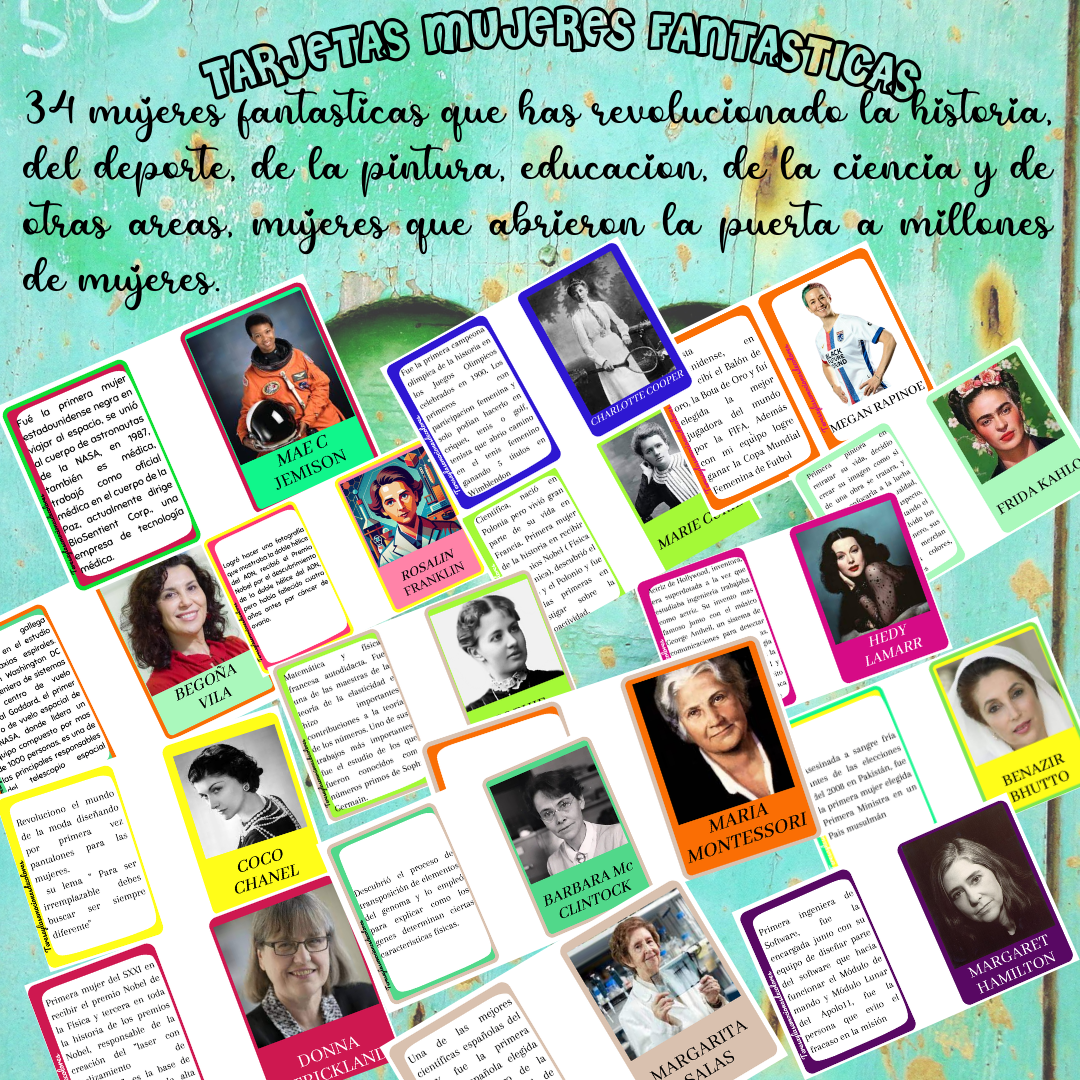 Tarjetas de mujeres que hicieron historia en la ciencia, deporte, arte...