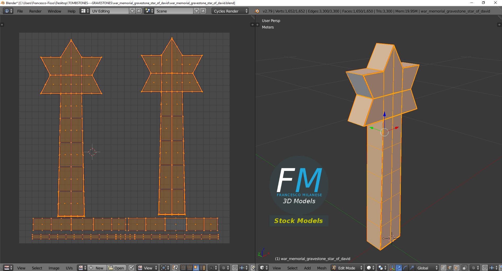 3D MODEL - War memorial gravestone - Star of David