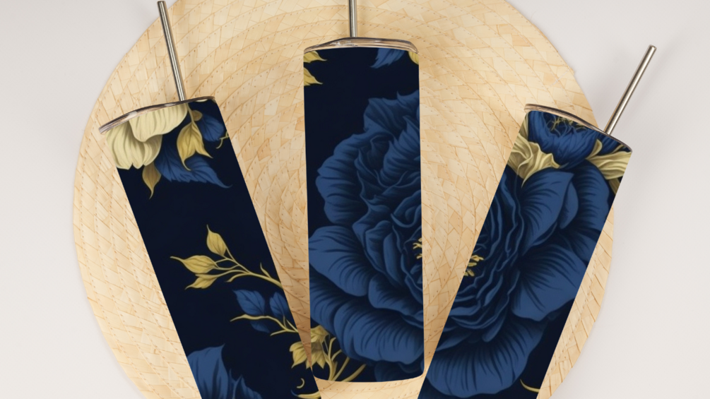 3D Gold Navy Blue Floral Sublimation,20 oz Skinny Tumbler wrap ...