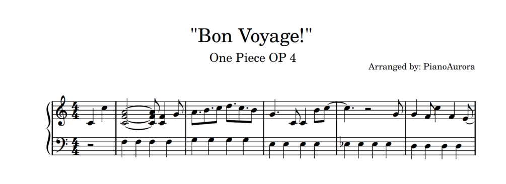 One Piece OP 4 - "Bon Voyage!" - EASY Piano Sheet Music