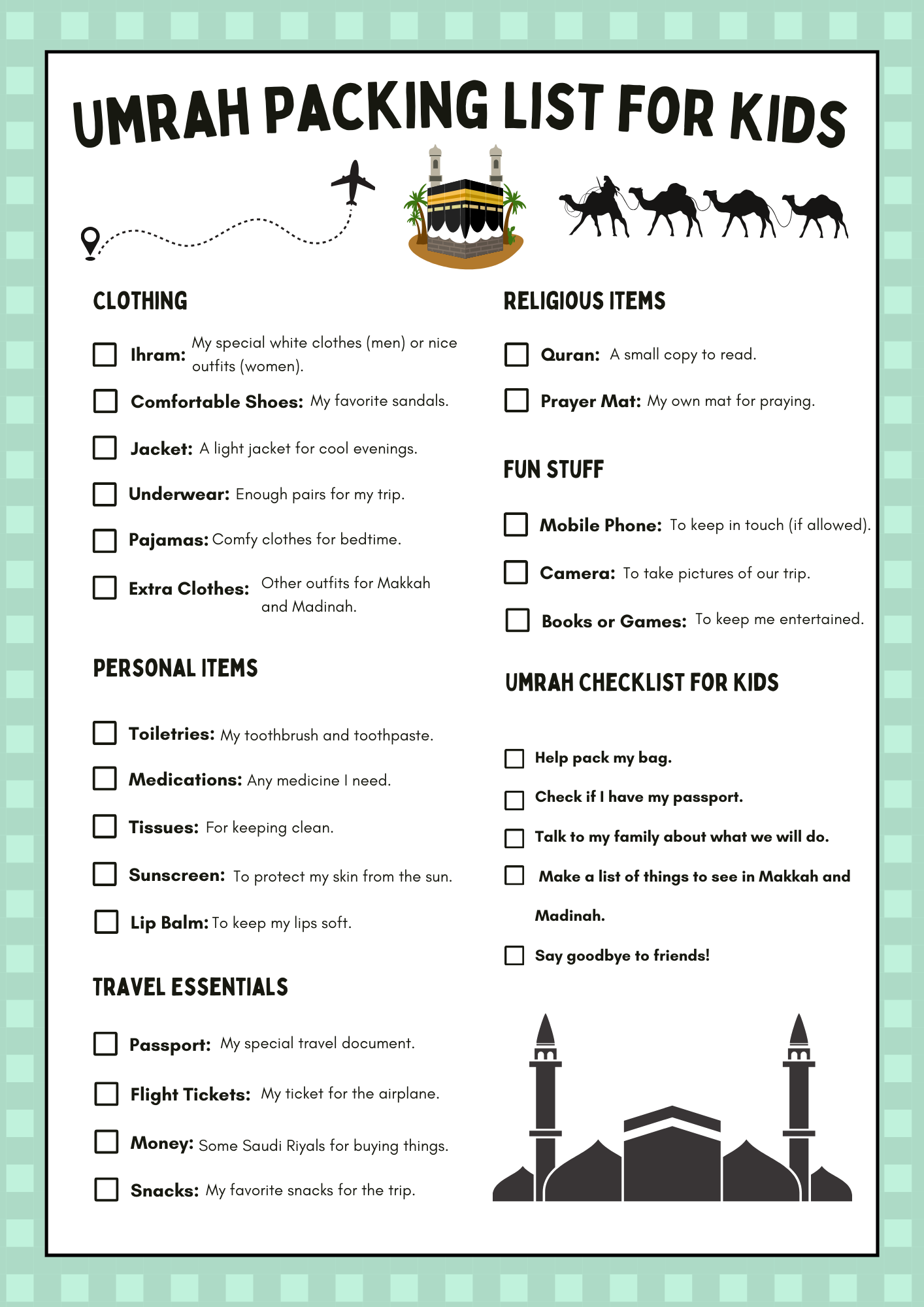 Umrah Packing List and Fun Worksheets for Kids (Digital Product)