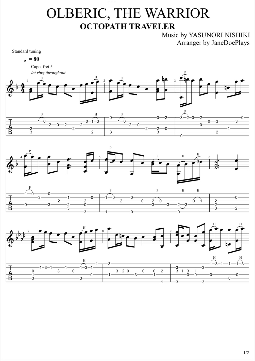 Olberic, the warrior (Octopath Traveler) Fingerstyle guitar TABS