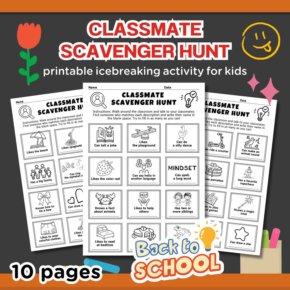 Classmate Scavenger Hunt Worksheet for Kids, Back to School Activity ...
